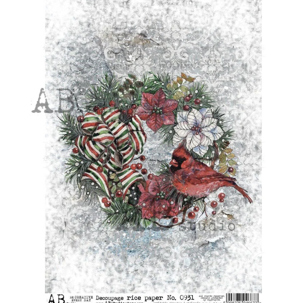 No. 0931 Christmas Wreath with Cardinal Decoupage Rice Paper A4 by AB ...